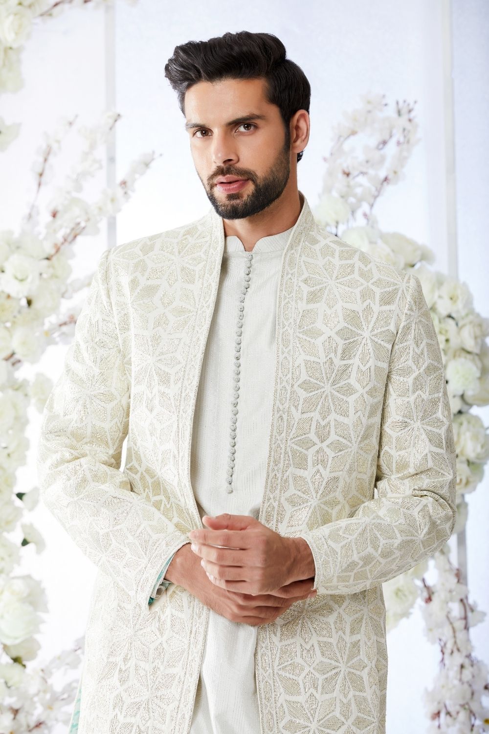 Antique Silver Open Short Sherwani Set – Seema Gujral